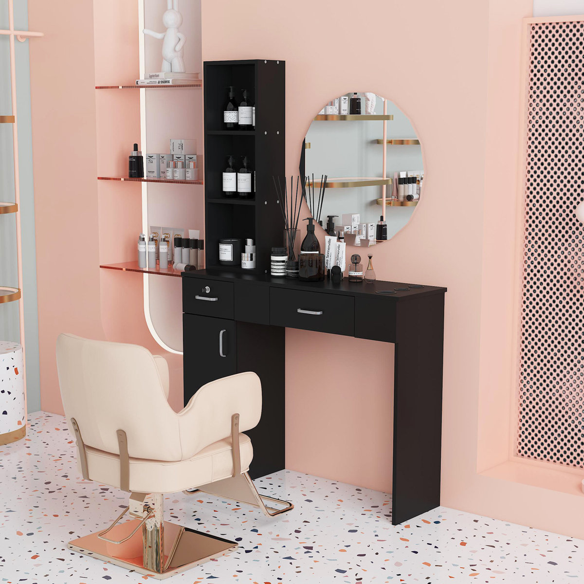 Hokku Designs Meghana Makeup Vanity Salon Stations for Hair Stylist Locking Wall Mount Barber ...